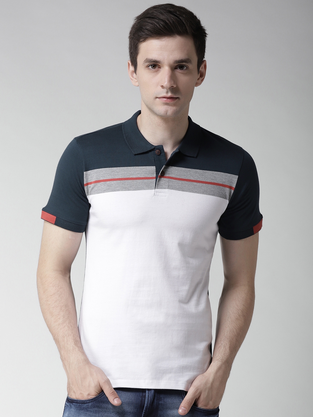 Buy Mast And Harbour Men White And Navy Blue Colourblocked Polo Collar T