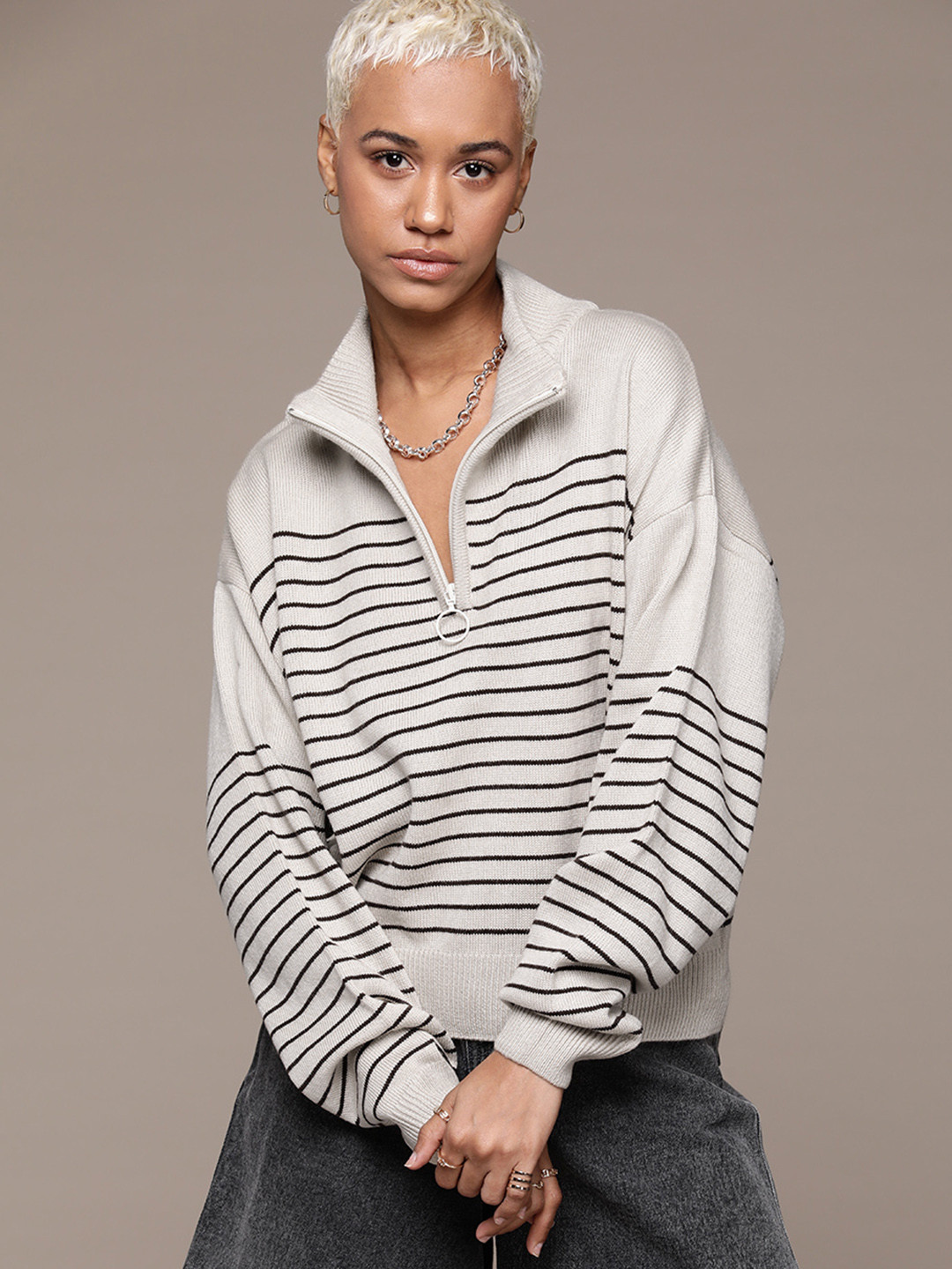 Buy The Roadster Lifestyle Co. Mock Collar Drop Full Sleeves Striped Pullover - Sweaters for ...