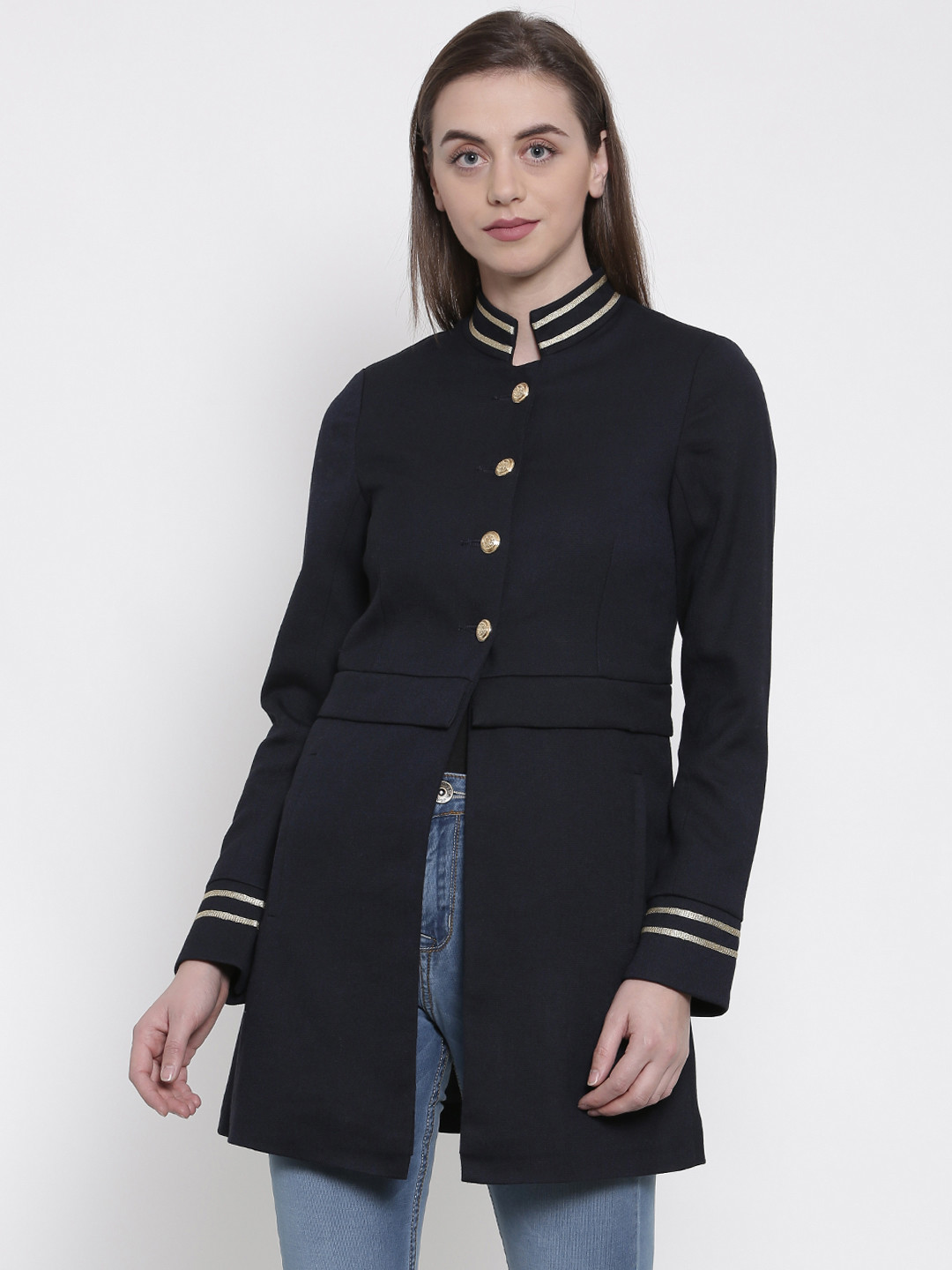 Buy Ginger By Lifestyle Women Navy Blue Solid Tailored Longline Jacket ...