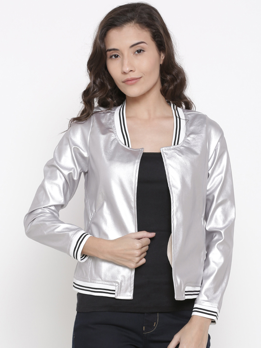 Buy Ginger By Lifestyle Women Silver Toned Solid Bomber Jacket ...