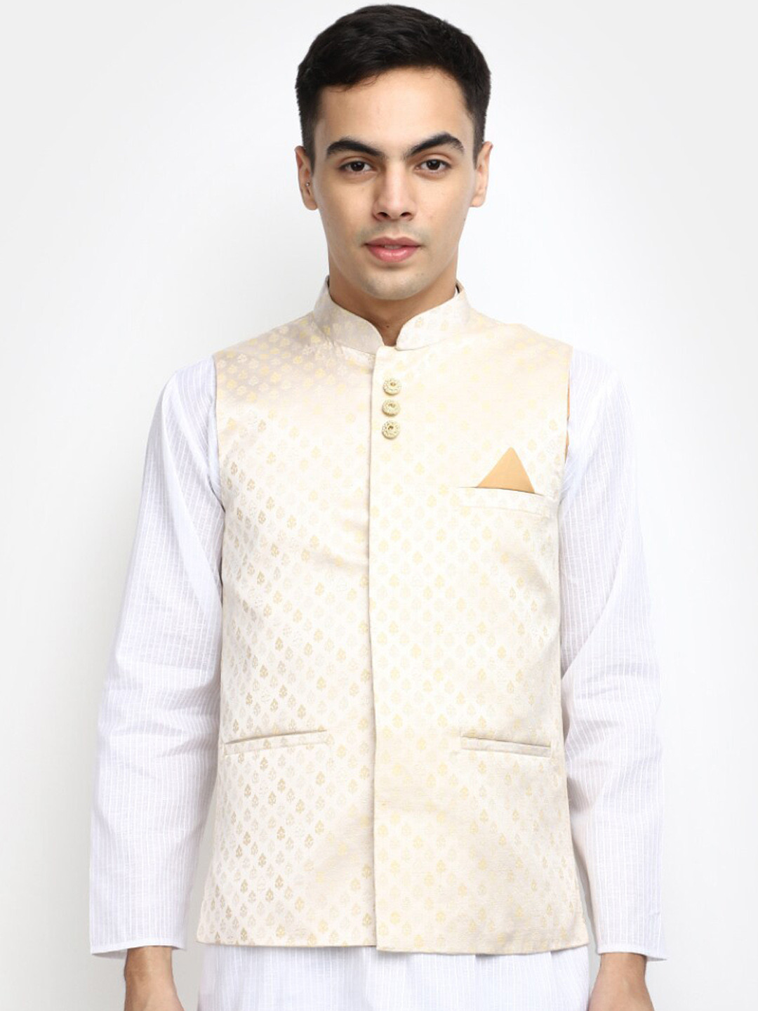 Buy V Mart Woven Design Mandarin Collar Sleeveless Nehru Jacket With ...