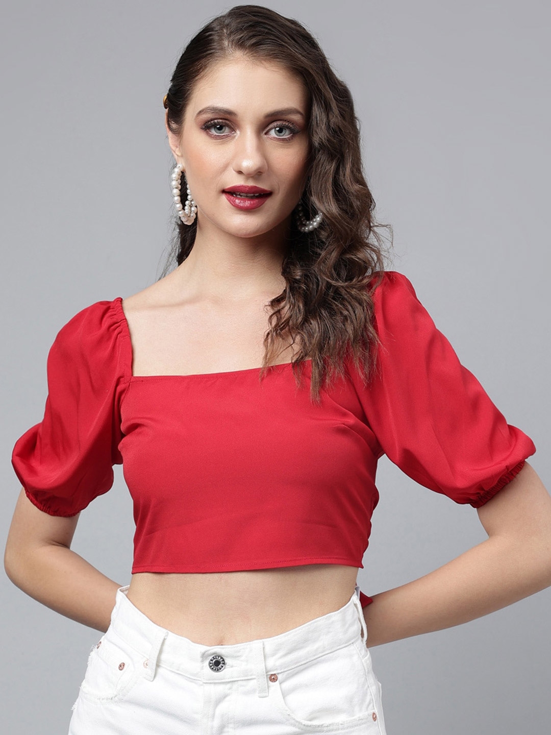 Buy Pinwheel Square Neck Puff Sleeves Styled Back Crop Top Tops For