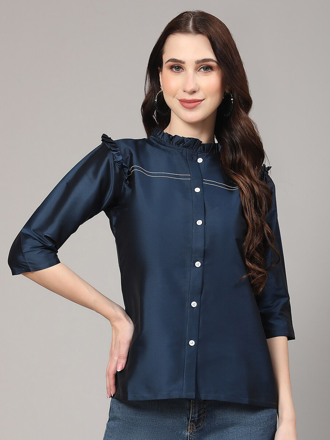 Buy V TRADITION Mandarin Collar Ruffled Shirt Style Top - Tops for ...
