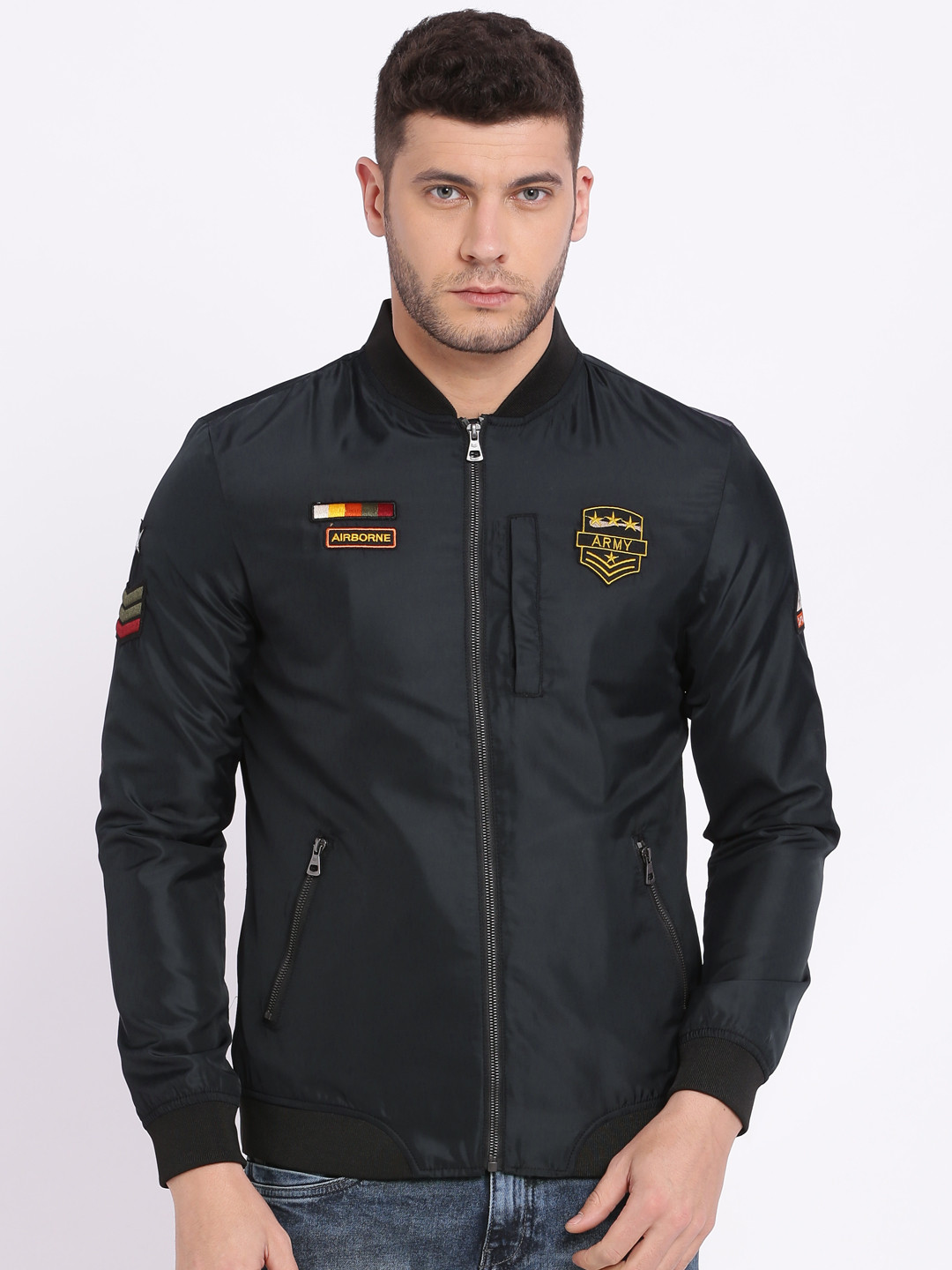 Buy Jack & Jones Men Navy Blue Solid Bomber Jacket - Jackets for Men ...