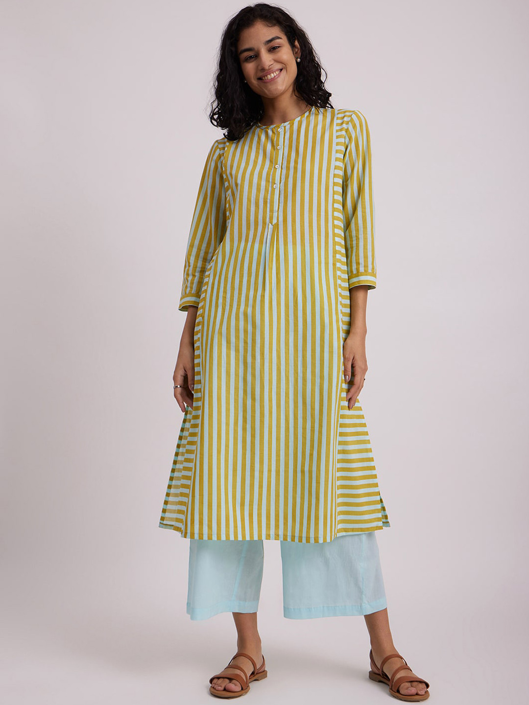 Buy Pink Fort Striped Panelled A Line Cotton Kurta - Kurtas for Women ...