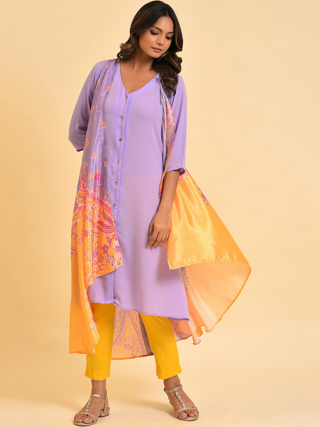 Buy W Purple V Neck Ethnic Motifs Printed Layered Kurta - Kurtas for ...