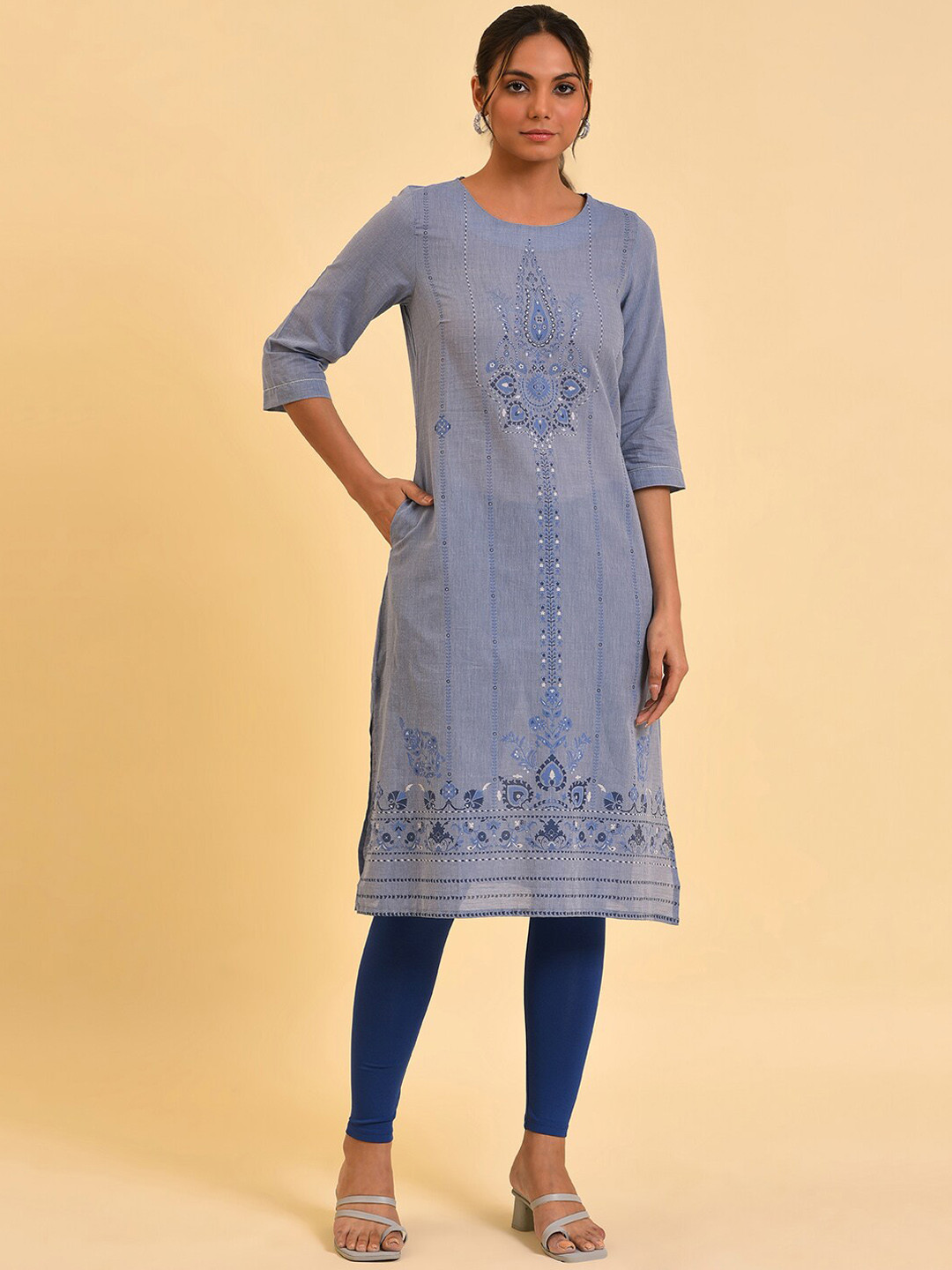 Buy W Blue Ethnic Motifs Printed Pure Cotton Kurta - Kurtas for Women ...