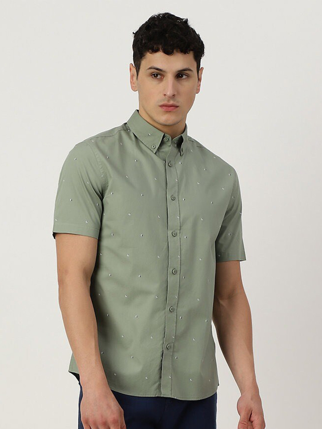 Buy Marks & Spencer Micro Ditsy Printed Button Down Collar Cotton ...