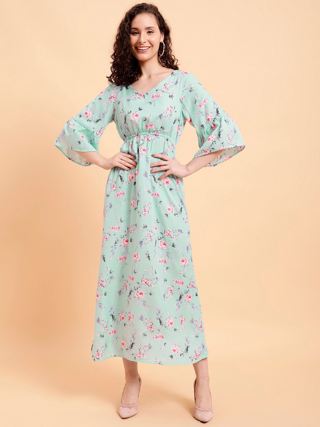 Buy Mint Street V Neck Floral Print Flared Sleeve Crepe A Line Maxi