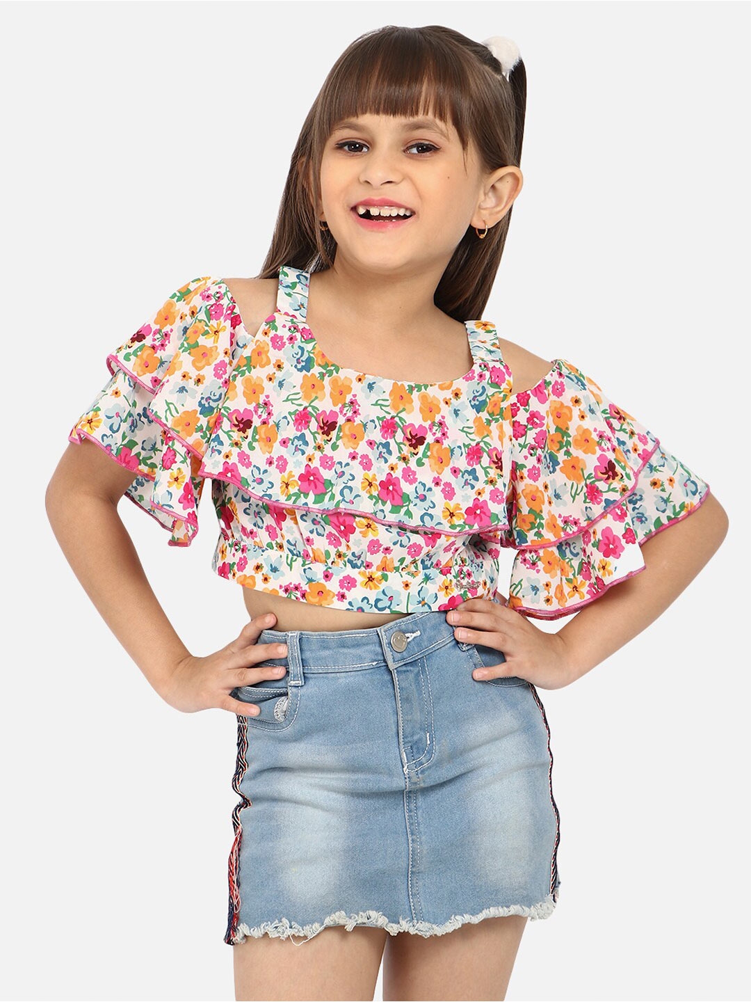 Buy Nauti Nati Floral Printed Cold Shoulder Layered Crop Top Tops For