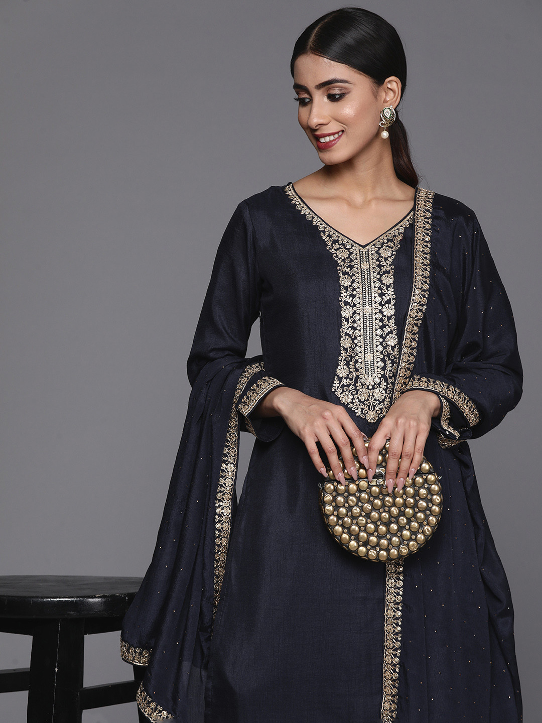 Buy Libas Floral Yoke Design Zari Kurta With Trousers & Dupatta - Kurta ...