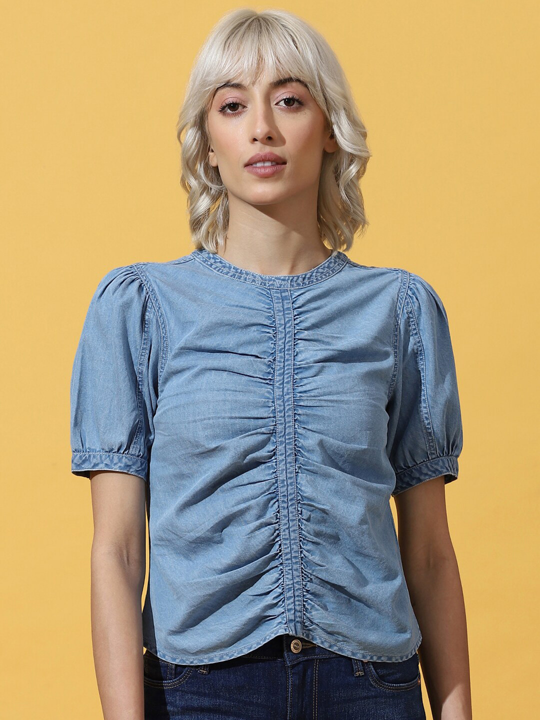 Buy ONLY Puff Sleeve Gathered Cotton Denim Top - Tops for Women 23094596 | Myntra