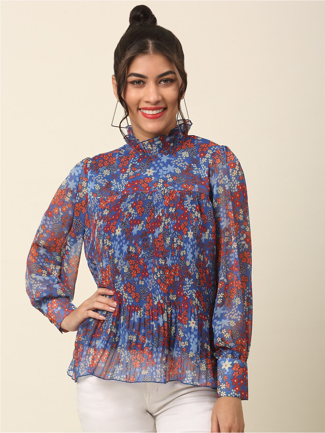 Buy PlusS Blue Floral Printed High Neck Cuffed Sleeves A Line Top ...