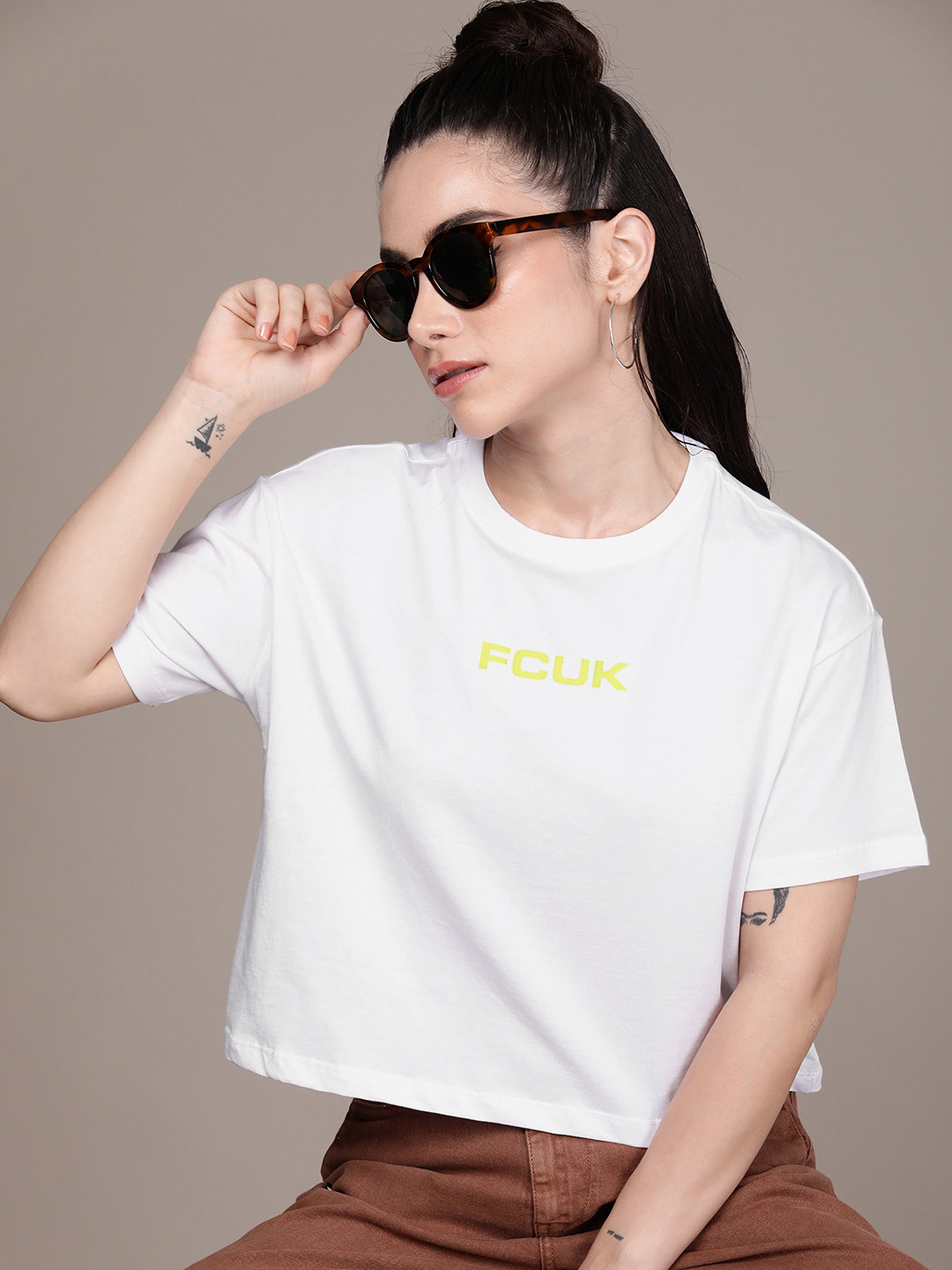 Buy FCUK Brand Logo Printed Drop Shoulder Pure Cotton Boxy T Shirt ...