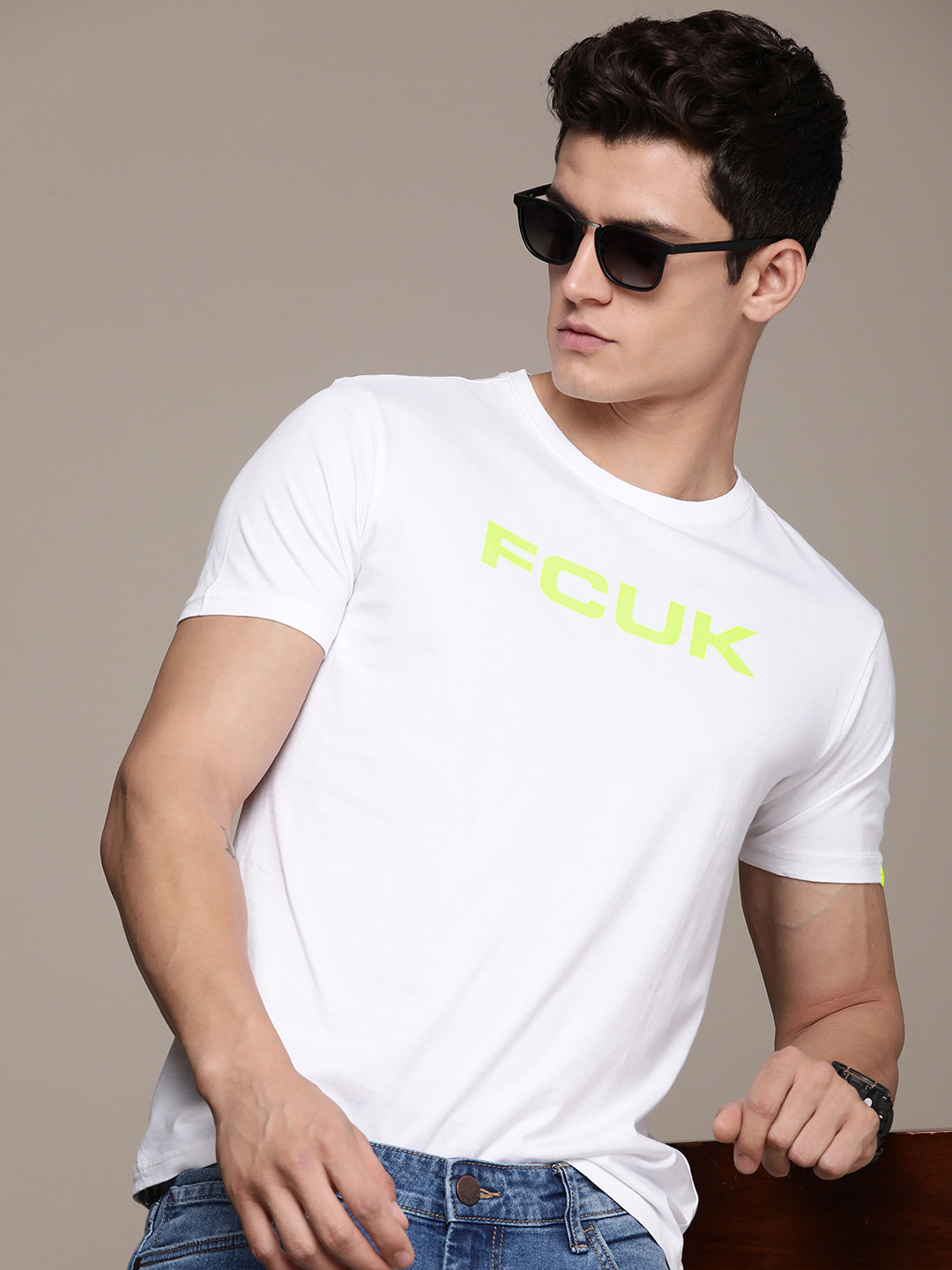 Buy FCUK Brand Logo Printed Pure Cotton T Shirt - Tshirts for Men ...