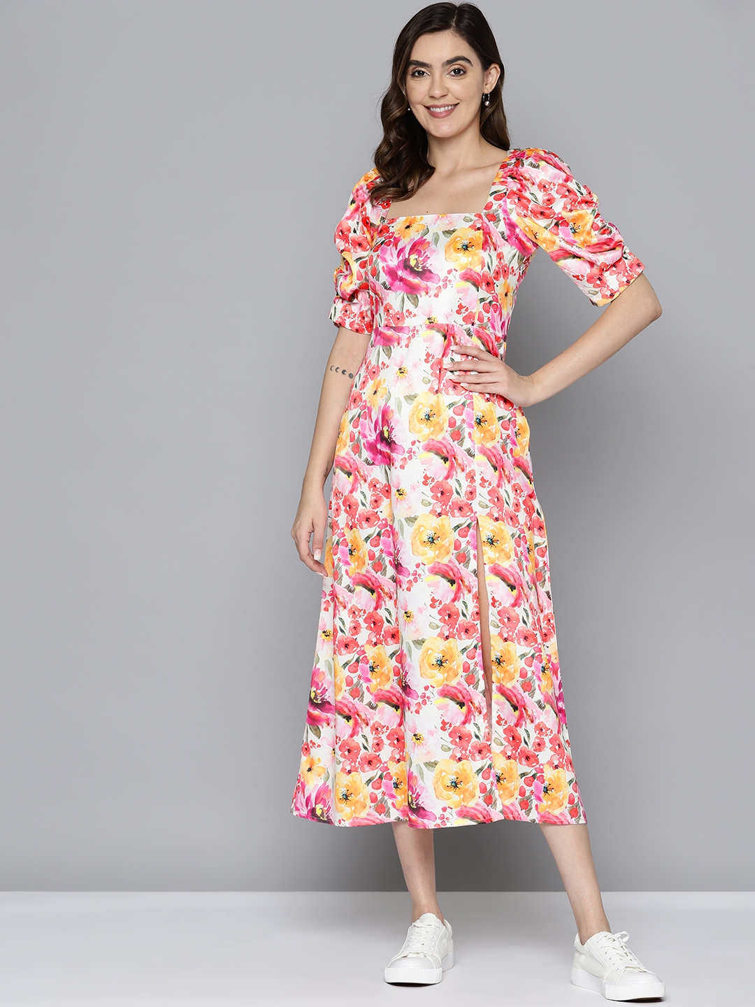 Buy Mast And Harbour Floral Print Puff Sleeves Satin Fit And Flare Midi