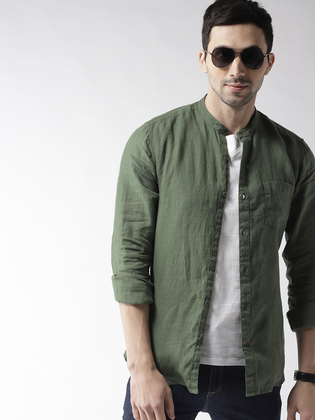 Buy Mast & Harbour Men Olive Green Regular Fit Solid Casual Linen Shirt ...