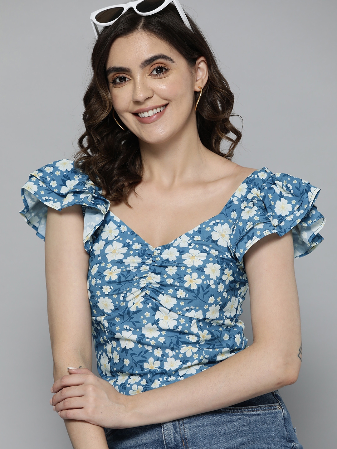 Buy Mast And Harbour Floral Print Sweetheart Neck Flutter Sleeve Smocked