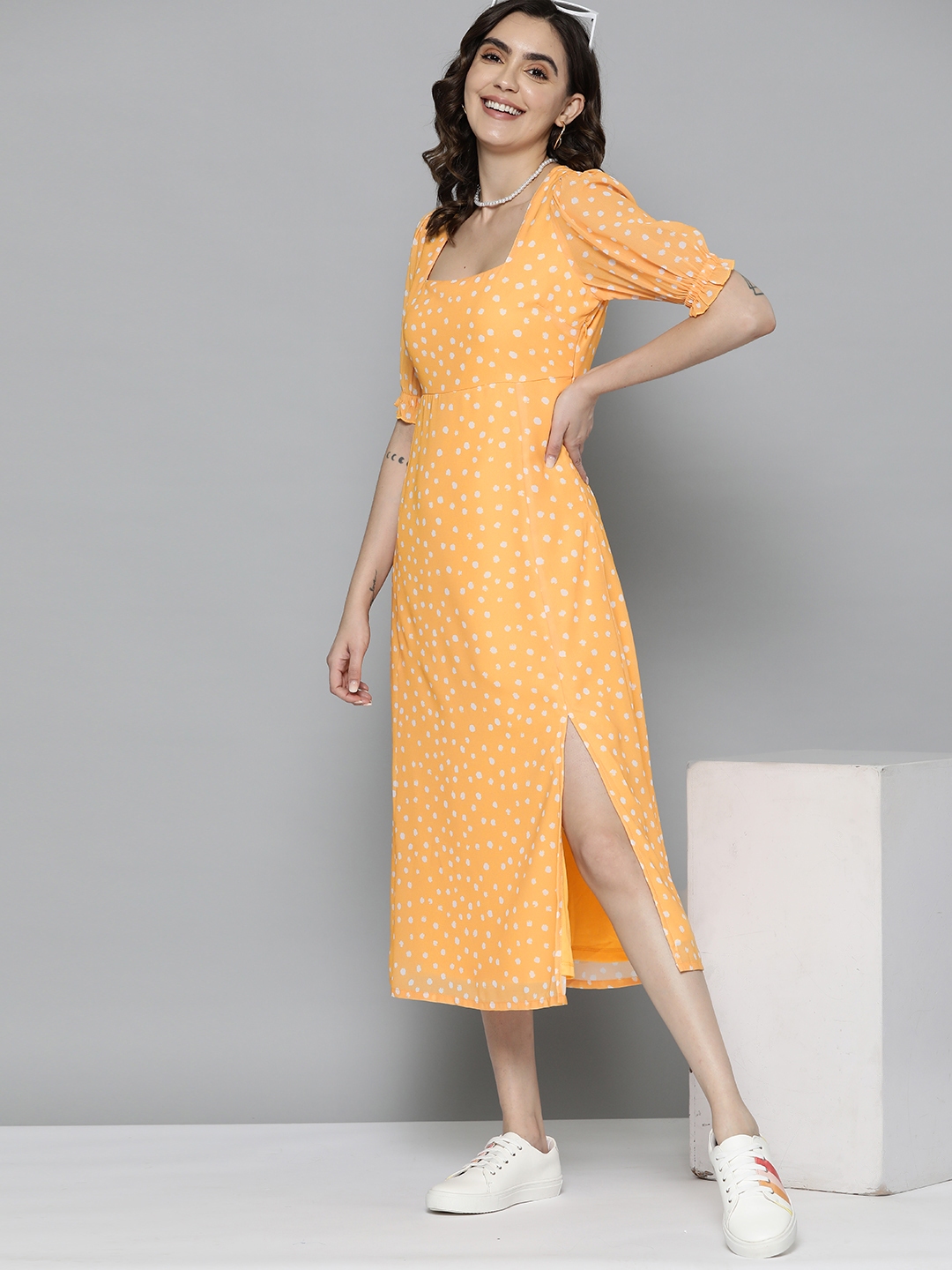 Buy Mast & Harbour Polka Dot Print Puff Sleeve A Line Midi Dress ... Buy Mast & Harbour Polka Dot Print Puff Sleeve A Line Midi Dress ...