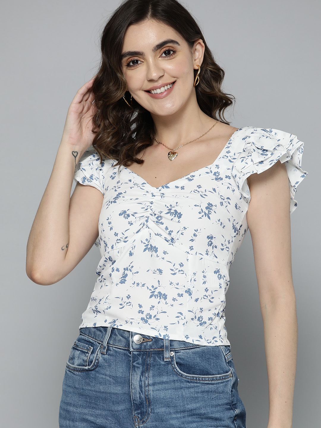 Buy Mast And Harbour Floral Print Sweetheart Neck Flutter Sleeve Smocked