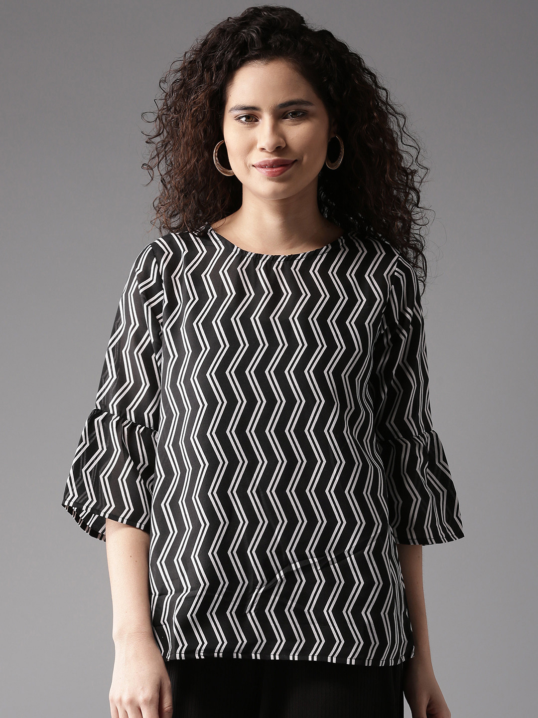 Buy HERE&NOW Women Black & White Chevron Print A Line Top - Tops for ...