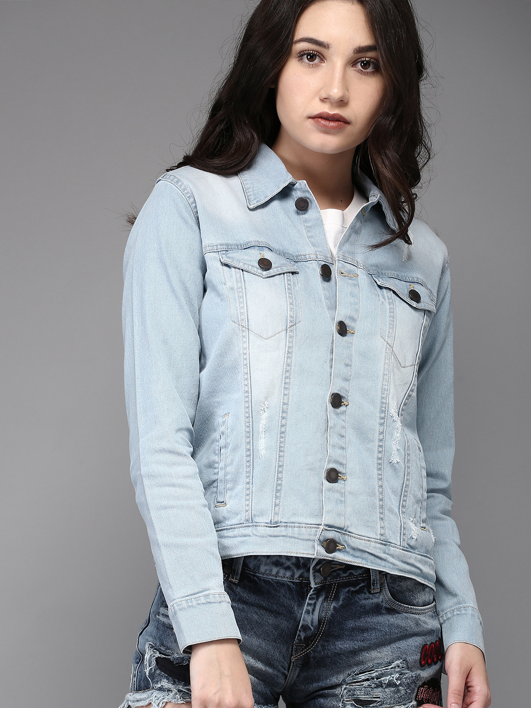 Buy Moda Rapido Women Blue Solid Low Distressed Denim Jacket - Jackets ...