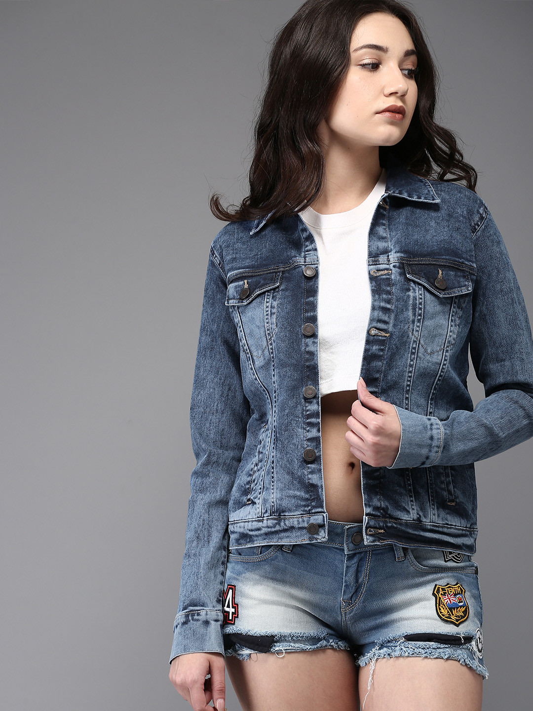 Buy Moda Rapido Women Blue Solid Denim Jacket - Jackets for Women ...