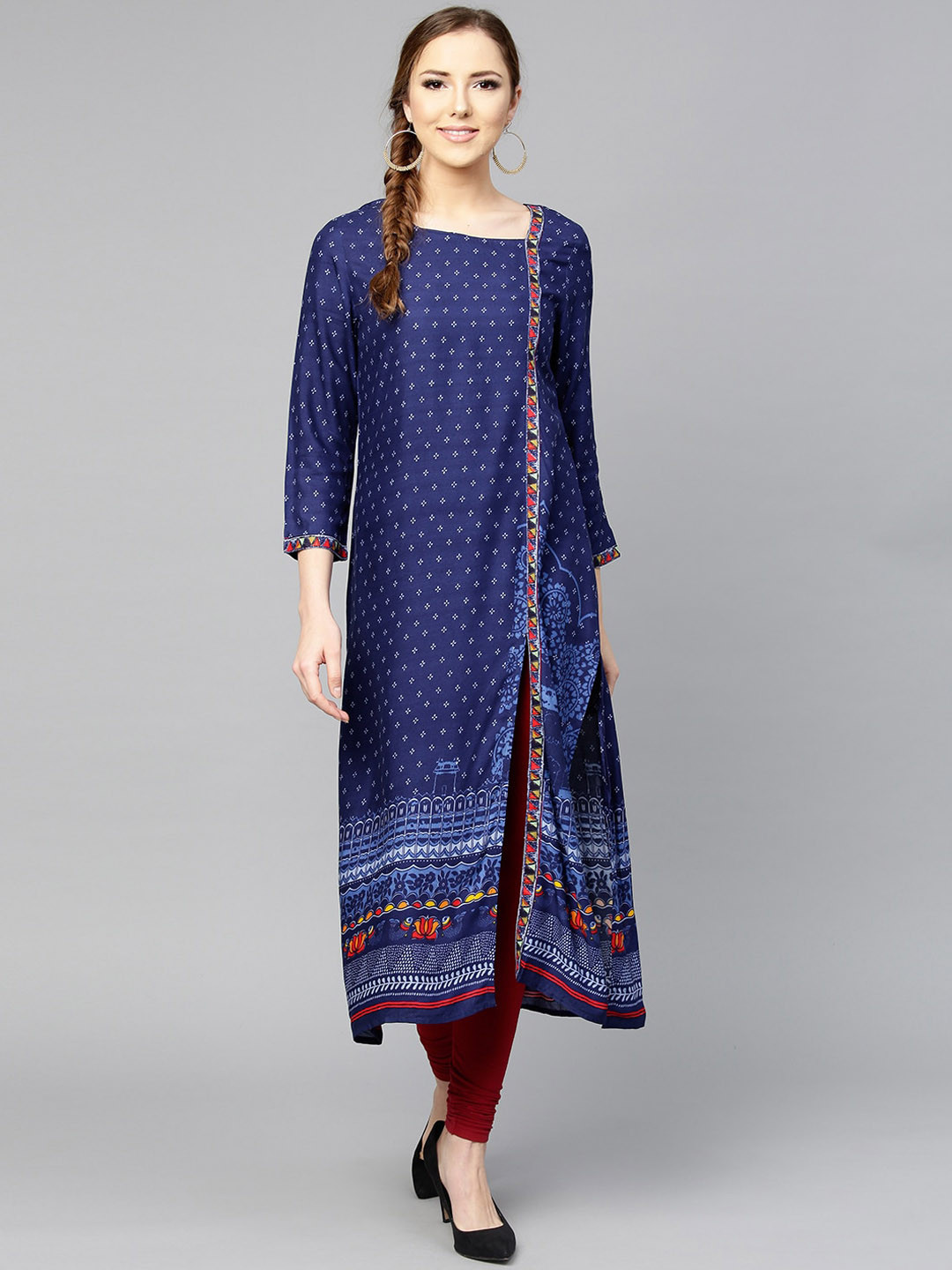 Buy RARE Blue & White Geometric Printed Square Neck Kurta - Kurtas for ...