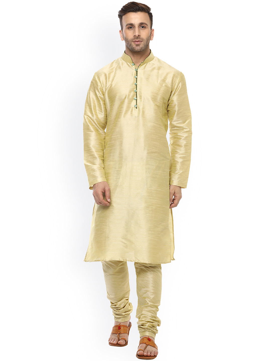Buy Hangup Men Gold Toned Solid Kurta With Churidar - Kurta Sets for ...
