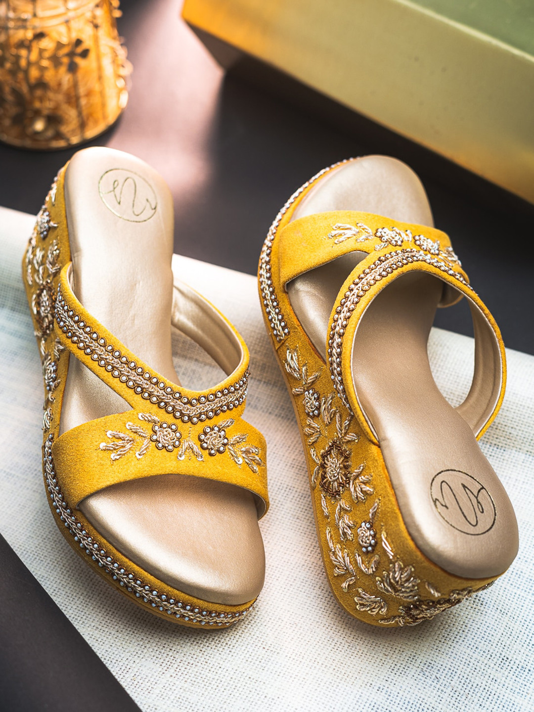 Buy NR By Nidhi Rathi Embellished Suede Open Toe Open Back Wedges ...