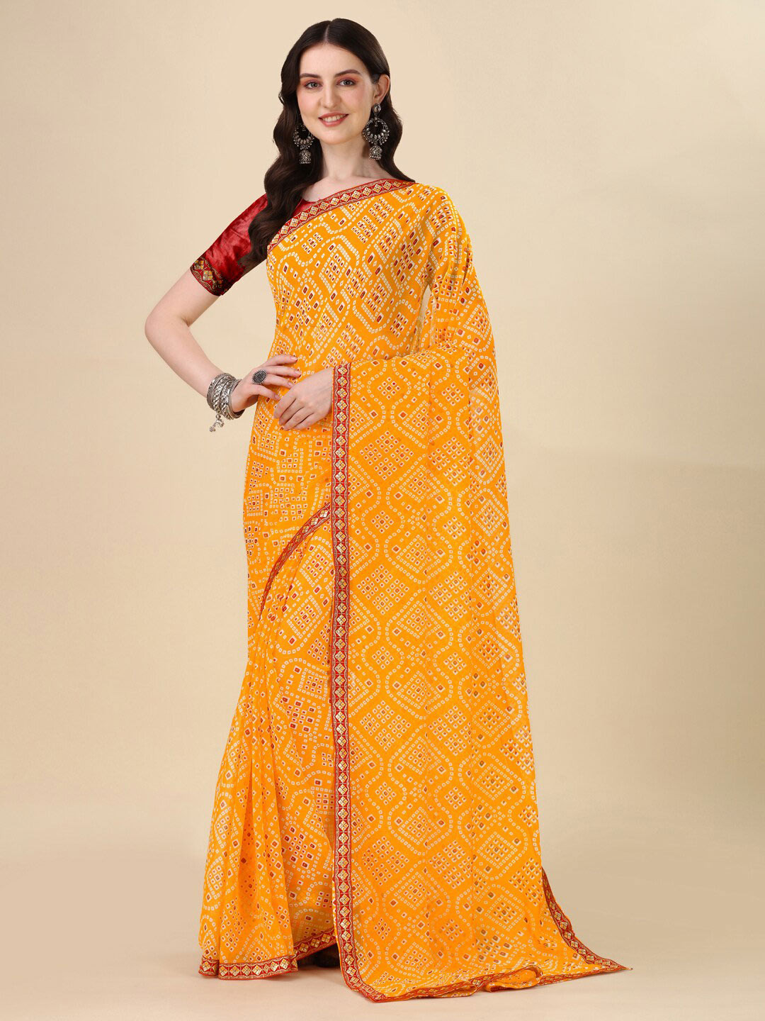 Buy Sangria Yellow & White Geometric Printed Pure Georgette Saree ...