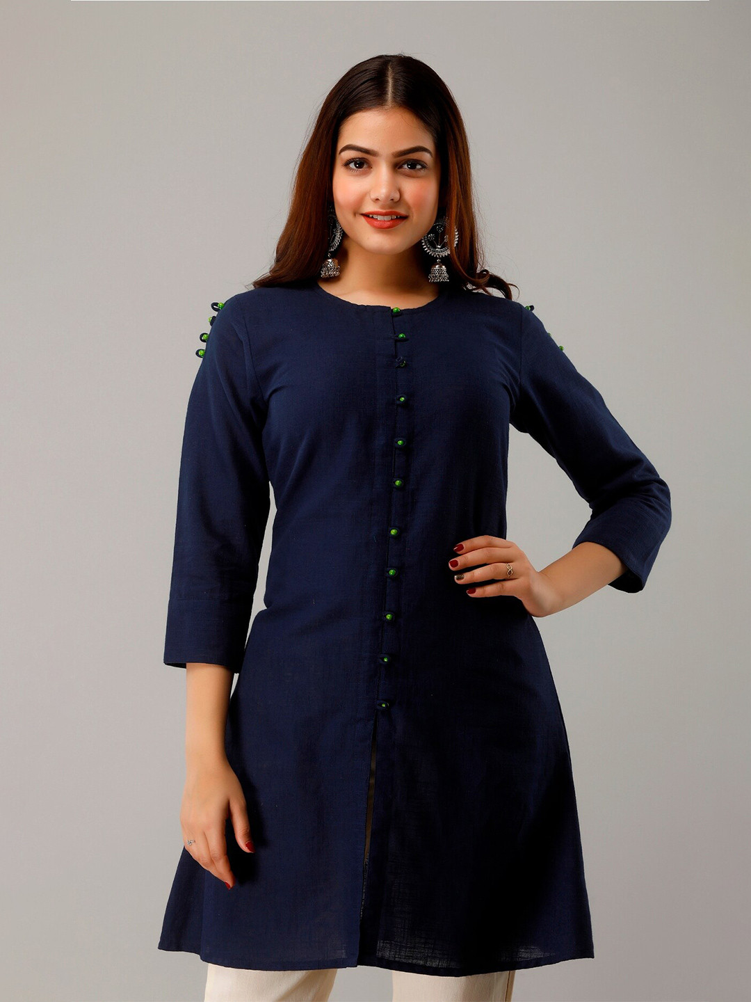 Buy HERE&NOW Navy Blue Front Slit A Line Kurti - Kurtis for Women ...