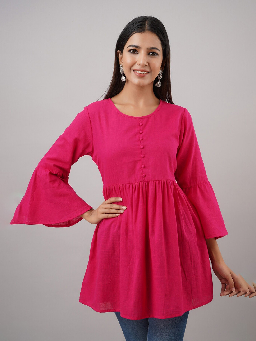 Buy HERE&NOW Pink Bell Sleeves Pleated A Line Short Kurti - Kurtis for ...