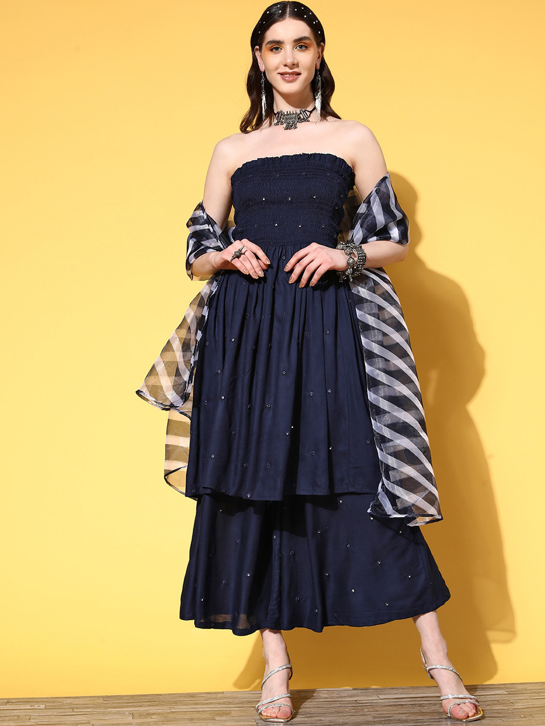 Buy InWeave Navy Blue & White Smocked Anarkali Mirror Work Kurta With ...