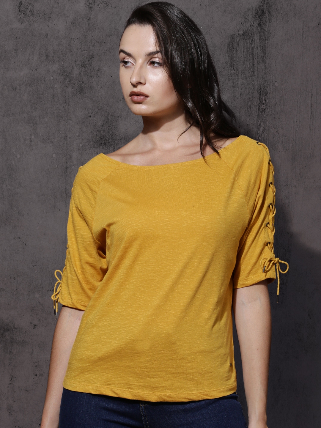 Buy Roadster Women Mustard Yellow Solid Pure Cotton Top Tops For