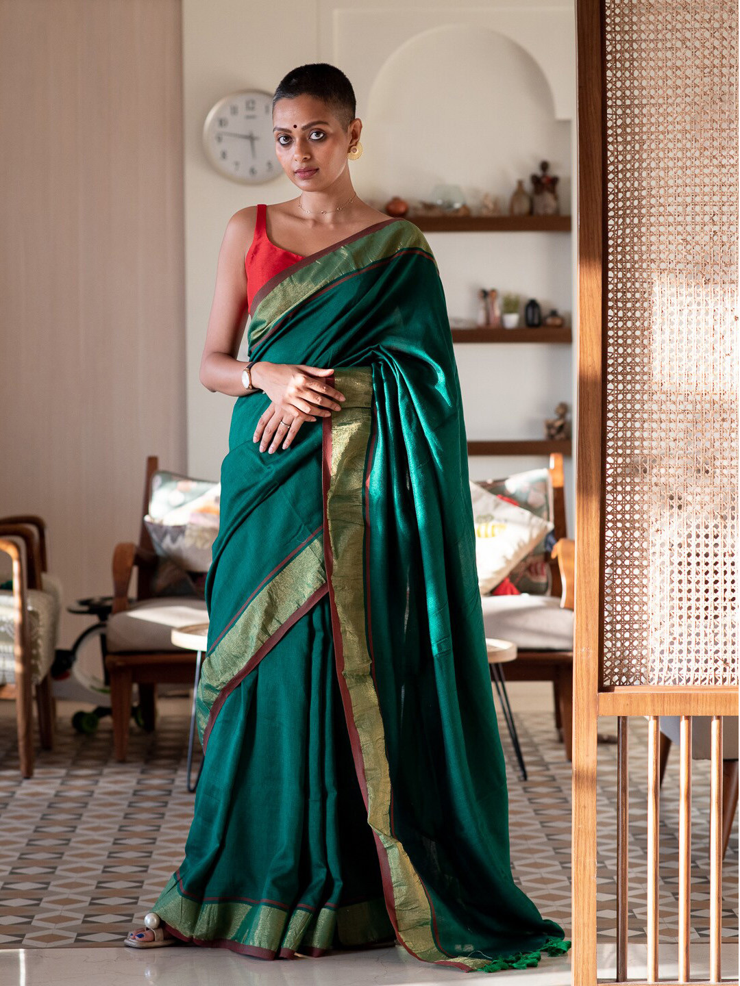 Buy Suta Green & Red Zari Cotton Blend Saree - Sarees for Women ...
