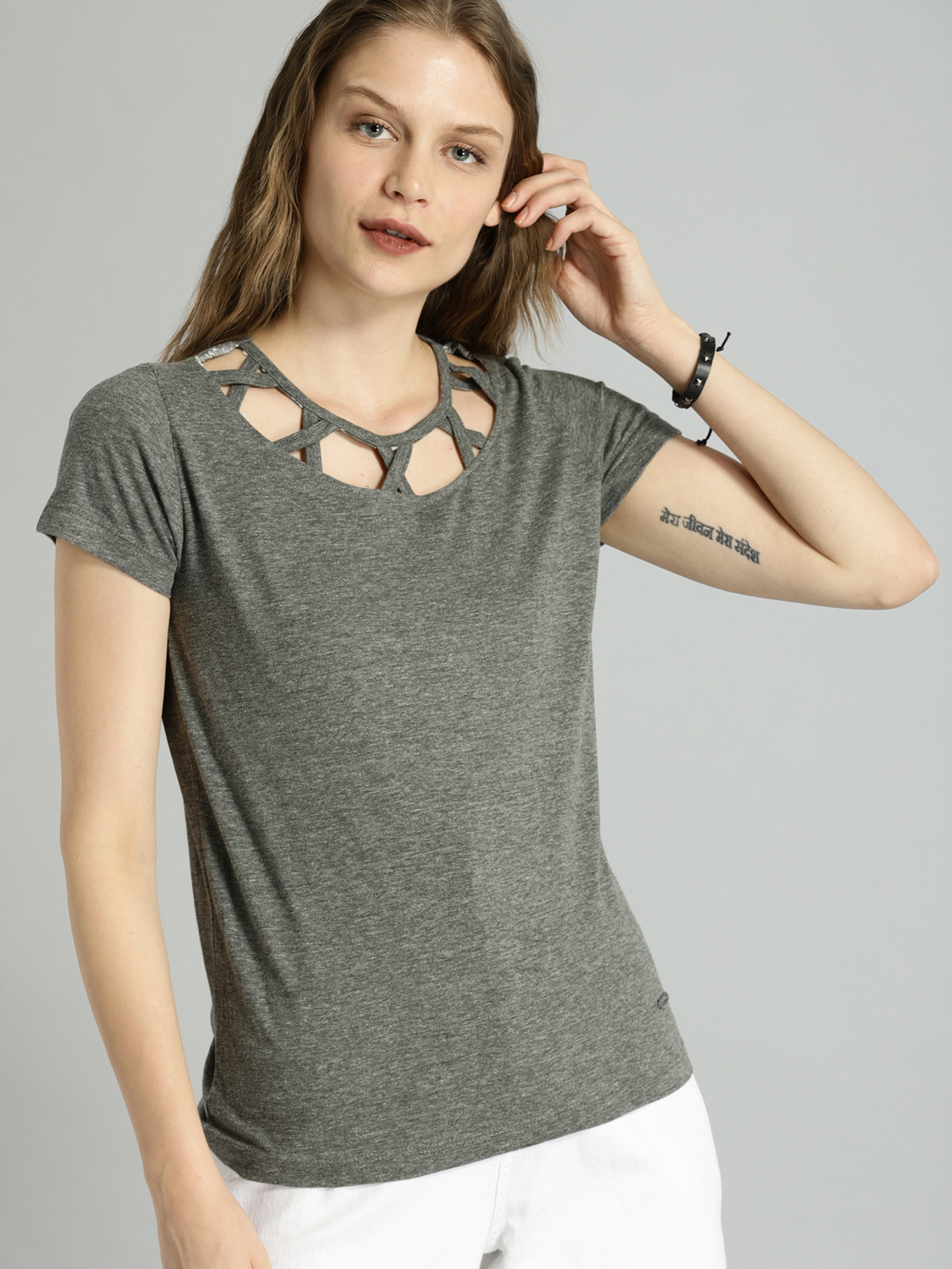 Buy Roadster Women Charcoal Grey Solid Top - Tops for Women 2312826 ...