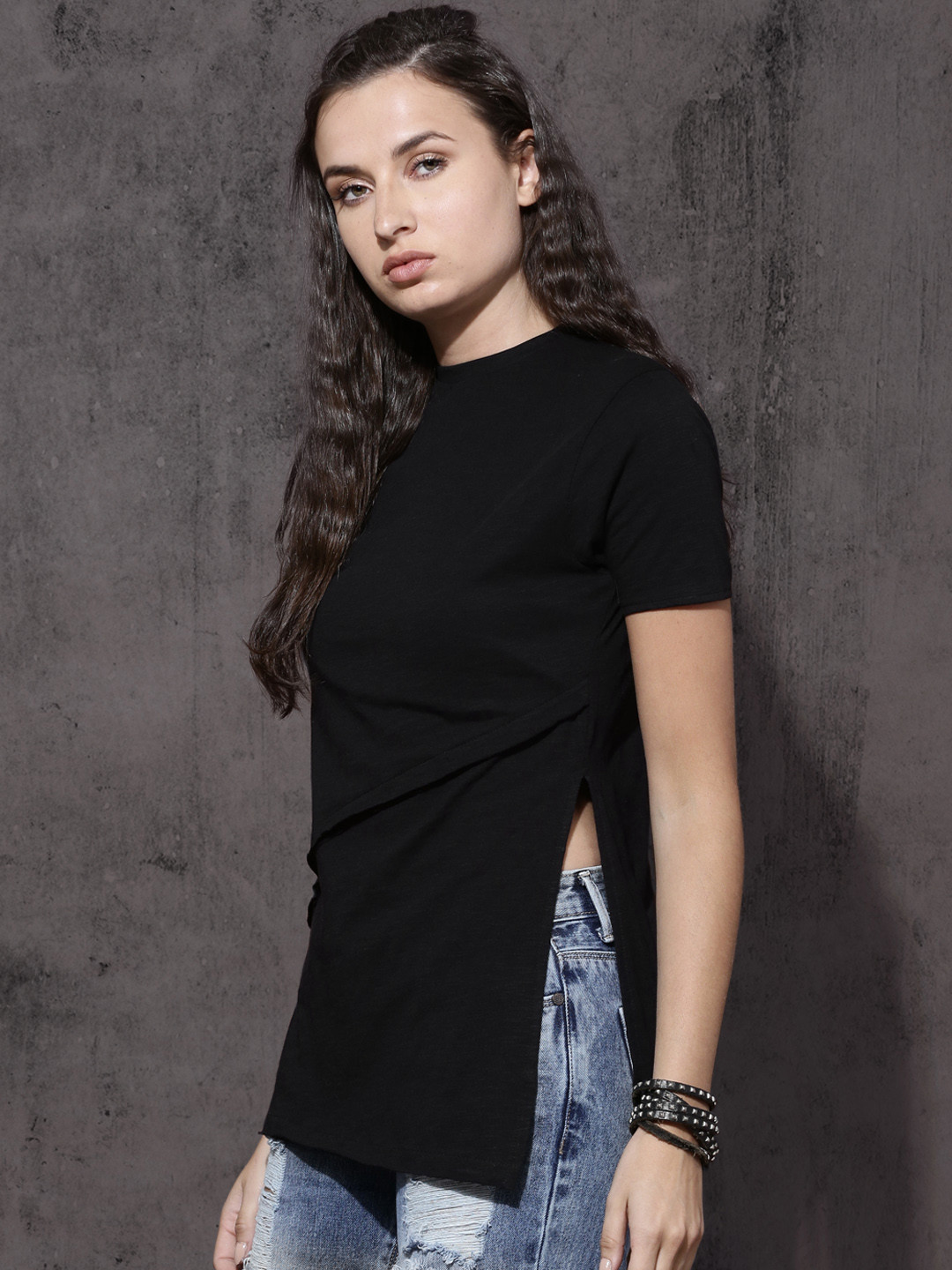 Buy Roadster Women Black Solid Pure Cotton Top - Tops for Women 2312844 ...