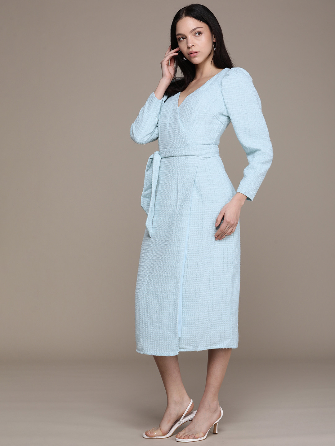 Buy French Connection Embellished V Neck Puff Sleeve Wrap Midi Party ...