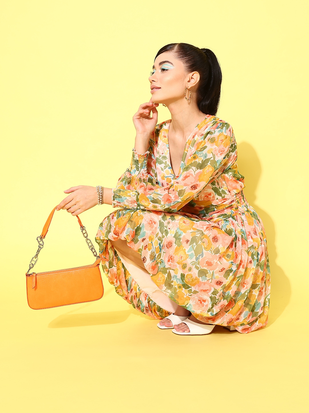 Buy Antheaa Floral Print Puff Sleeve Chiffon A Line Dress Dresses For