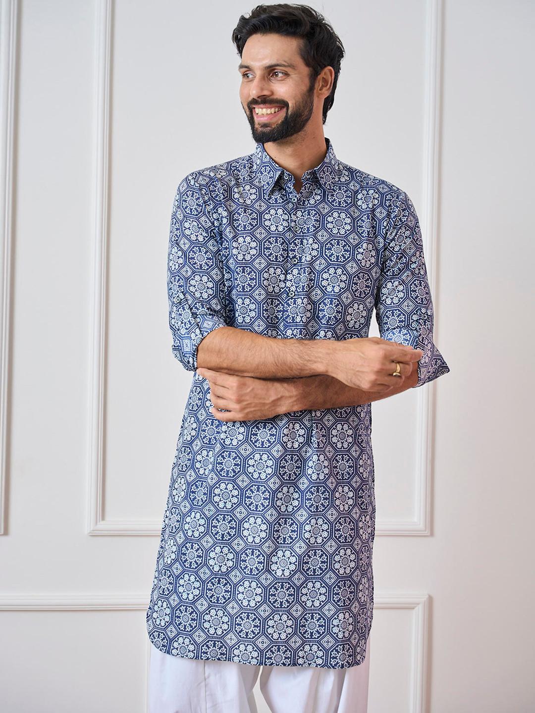 Buy See Designs Shirt Collar Ethnic Motifs Printed Pure Cotton Pathani ...