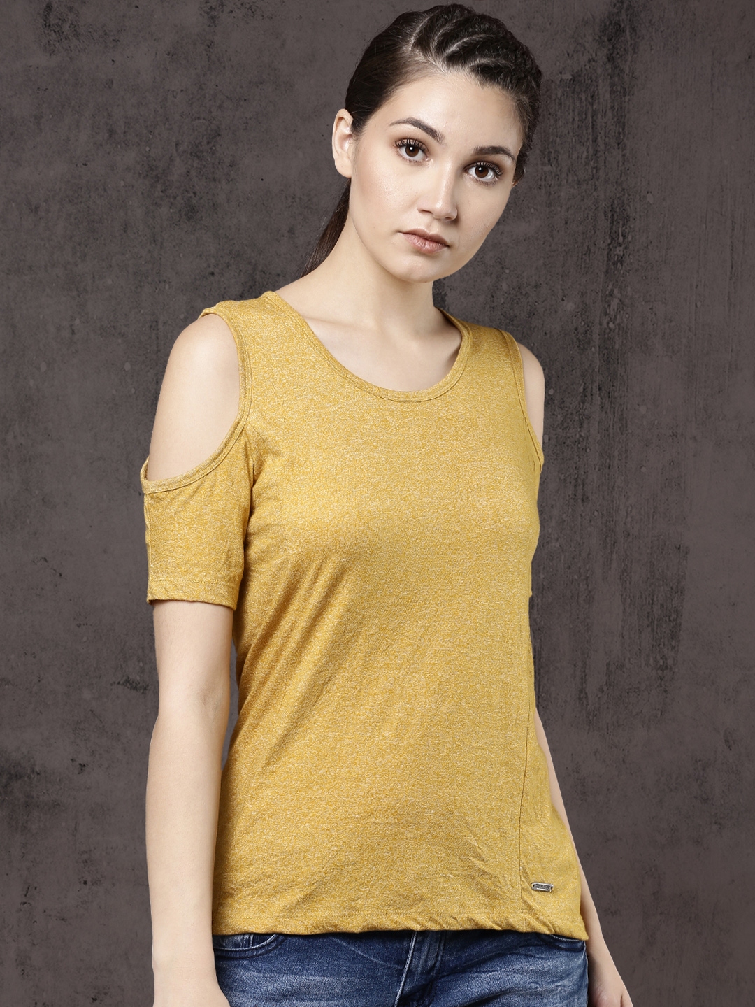 Buy Roadster Women Mustard Yellow Solid Cold Shoulder Top Tops For