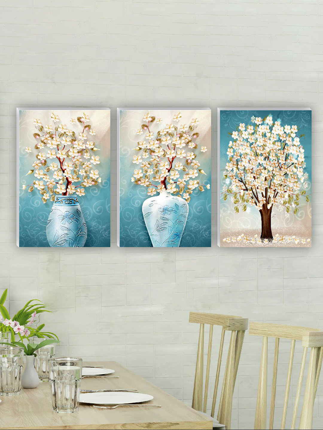 Buy SAF Blue & Cream Colored 3 Pieces Painting Waterproof Wall Art ...