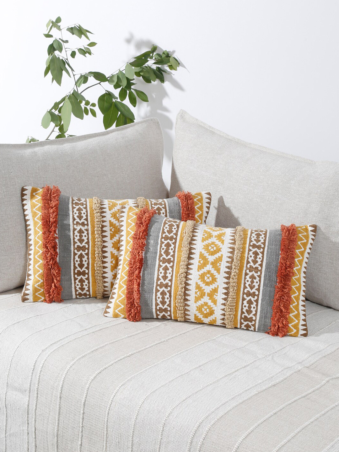 Buy Eyda White & Brown 2 Pieces Ethnic Motifs Cotton Rectangle Cushion ...