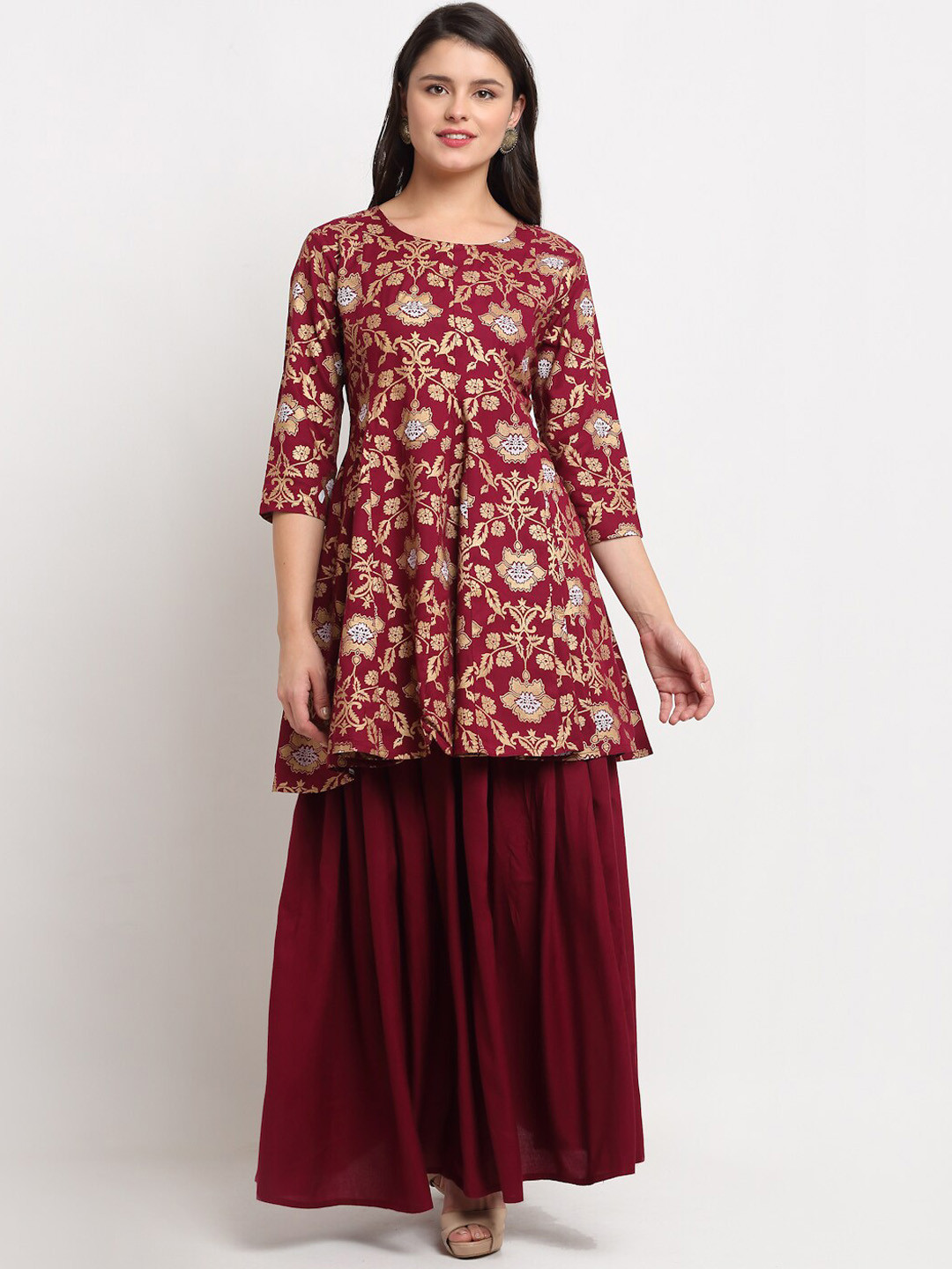 Buy The Mini NEEDLE Floral Printed A Line Kurti With Skirt - Kurta Sets ...
