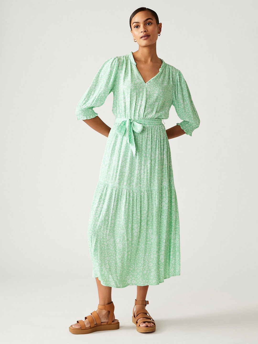 Buy Marks And Spencer Floral Printed Puff Sleeve Tiered A Line Midi Dress