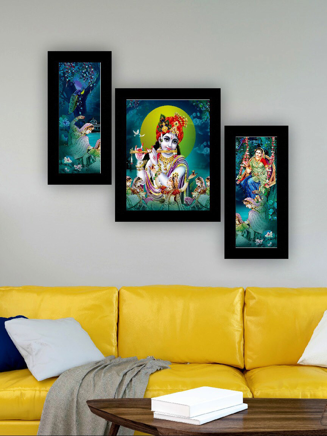 Buy SAF Blue & Green 3 Pieces Lord Radha Krishna Painting UV Coating ...