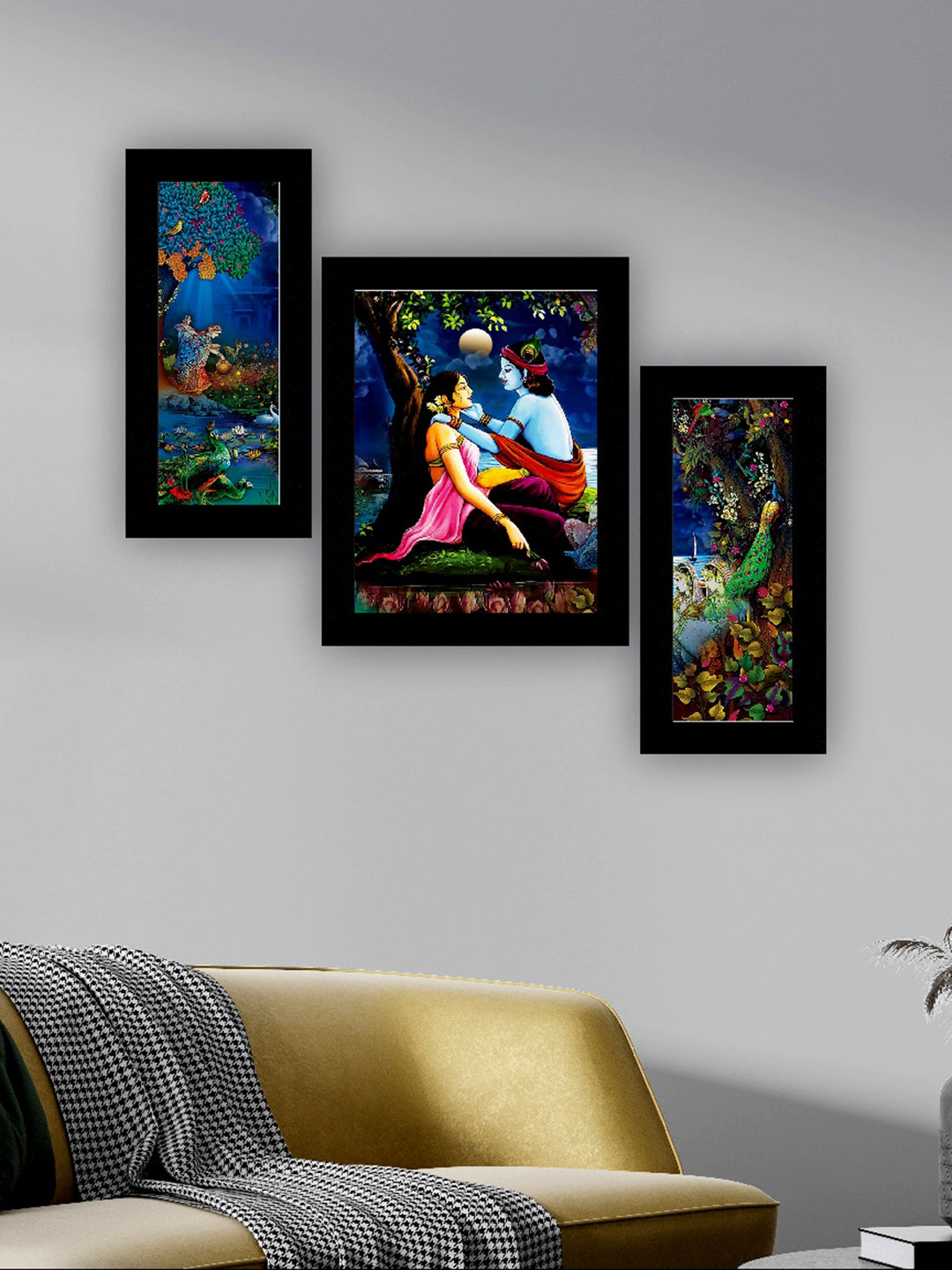 Buy SAF Blue & Green 3 Pieces Lord Radha Krishna Painting UV Coating ...