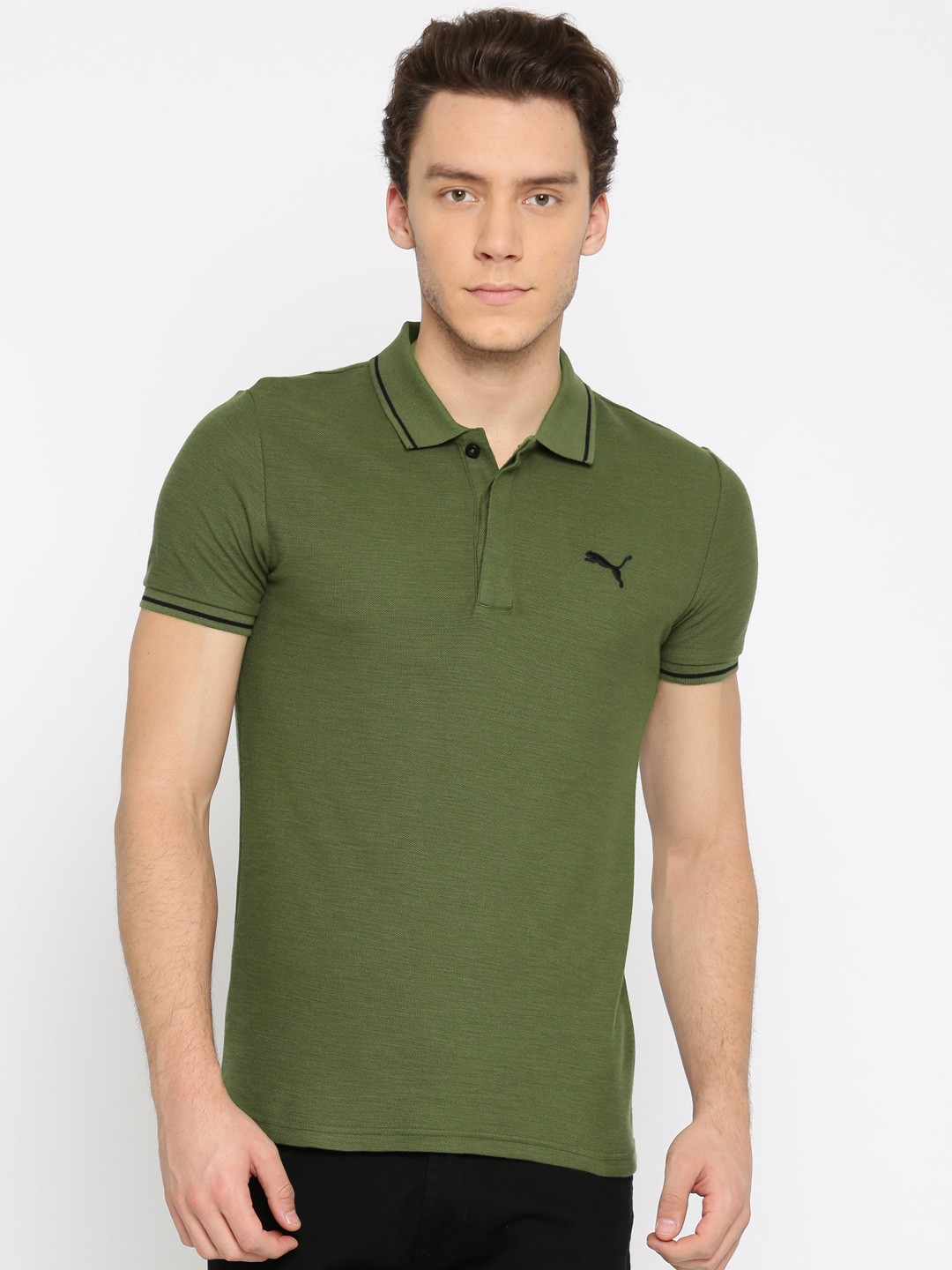 Buy Puma Men Olive Green Solid Polo Collar Pure Cotton T Shirt ...