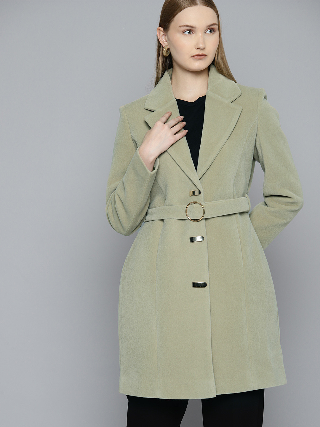 Buy Chemistry Women Suede Button Detail Belted Notched Lapel Overcoat ...
